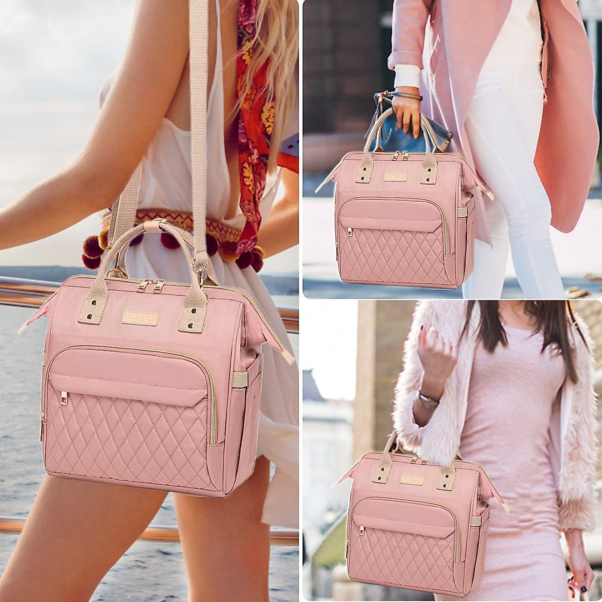 AIJIEKE Lunch Bag For Women, Cute Insulated Lunch Bag, Large Lunch Tote For Work, Leak Proof Lunch Box For Adults, Lunch Purse, Cooler Bag With Side Pockets And Shoulder Strap For Picnic Office(Pink)