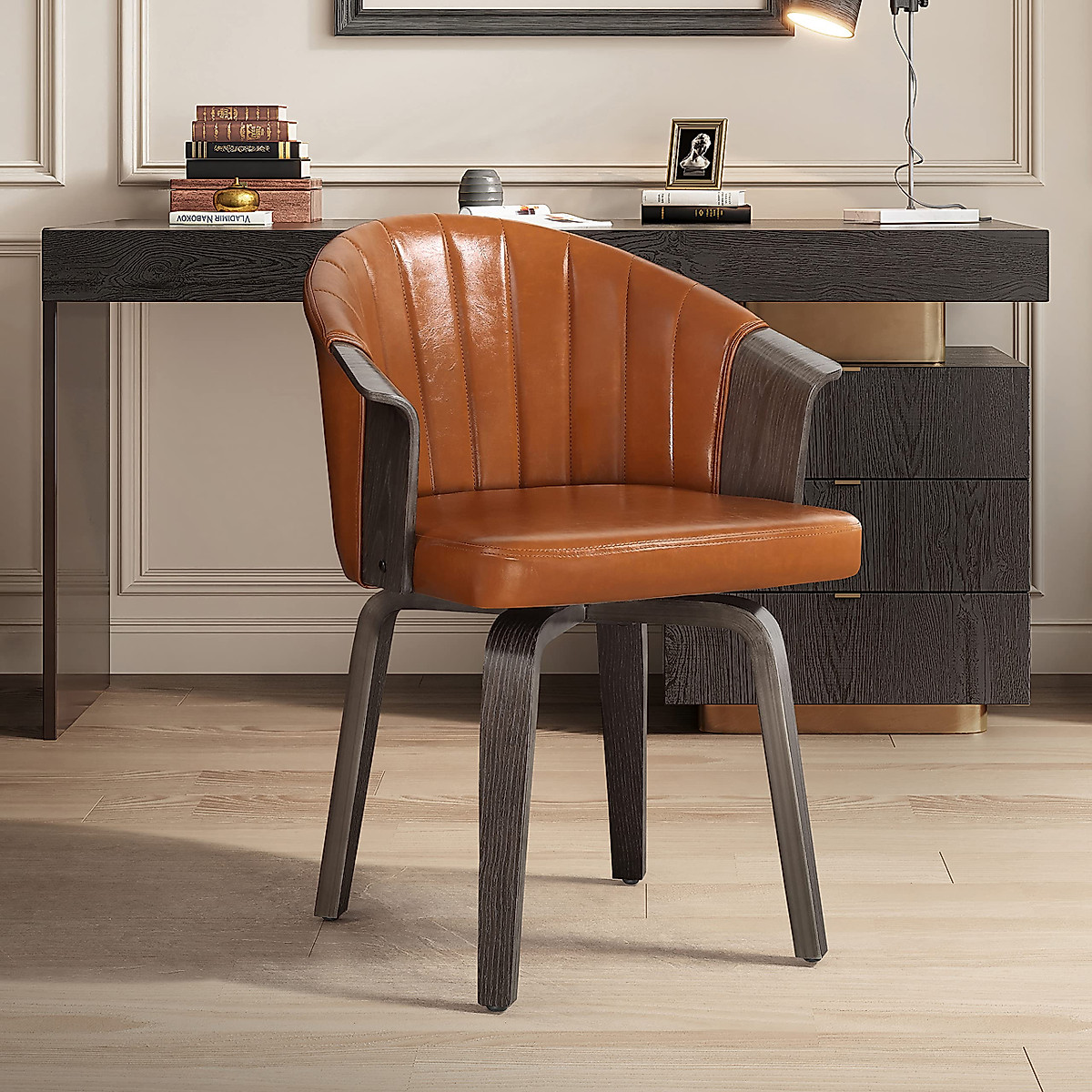 Art Leon Desk Chair No Wheels, Mid Century Modern Swivel Accent Chair, Faux Leather Upholstered Home Office Desk Chair with Wood Legs, Brown/Black Oak