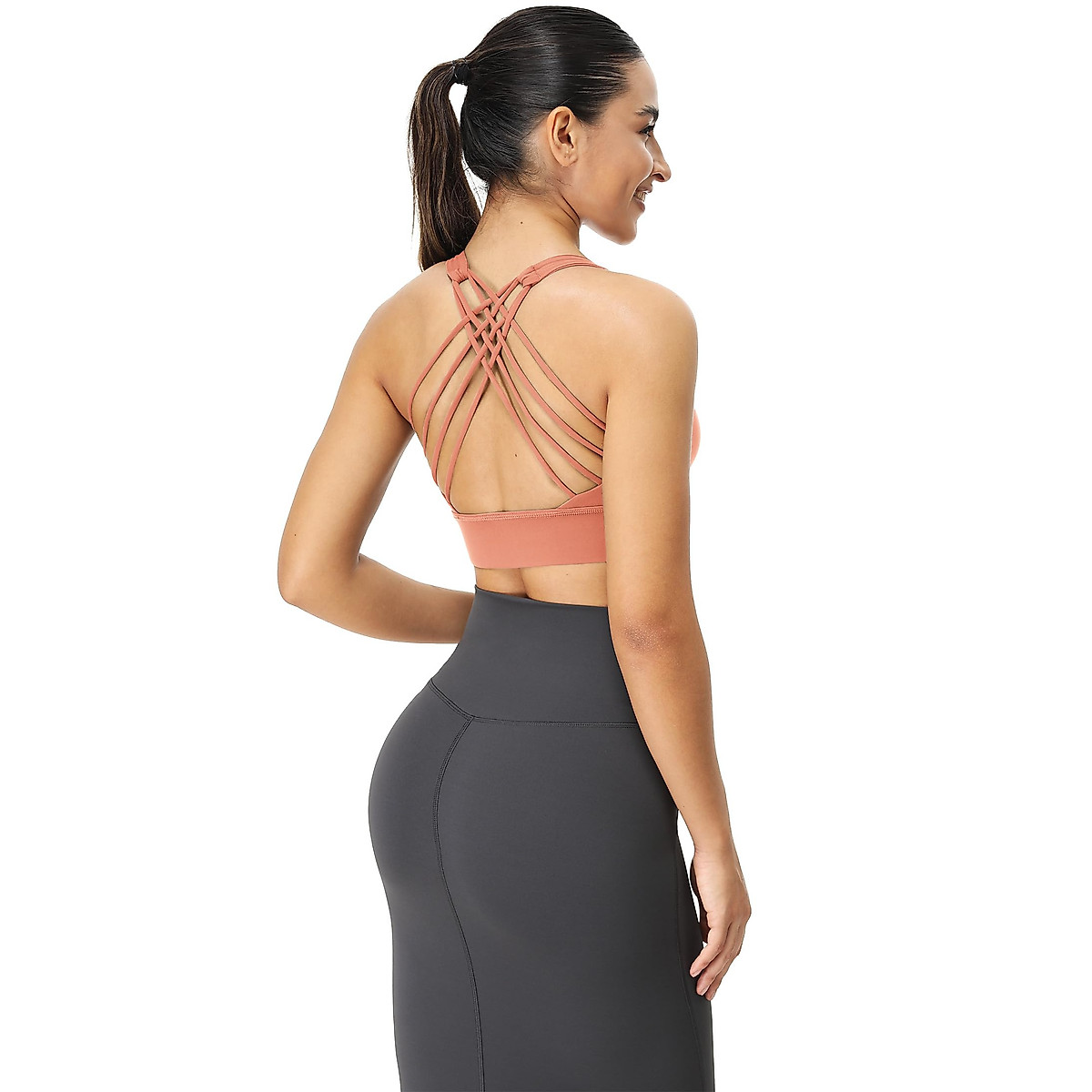 icyzone Sports Bras for Women - Activewear Strappy Padded Workout Yoga Tops Bra (Copper Brown, L)