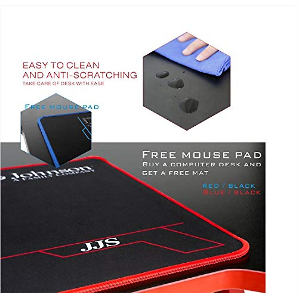 JJS 48" Home Office Gaming Computer Desk with Removable Monitor Stand, R Shaped Large Gamer Workstation PC Table with Cup Holder Headphone Hook Speaker Storage Free Mouse pad, Black/Red