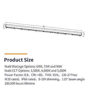 LEDONE 8FT LED Vapor Tight Light, 60W/75W/90W Tunable, Selectable CCT 3500K/4000K/5000K, 0-10V Dimmable, IP66 Outdoor, UL DLC NSF Listed, 2 PK