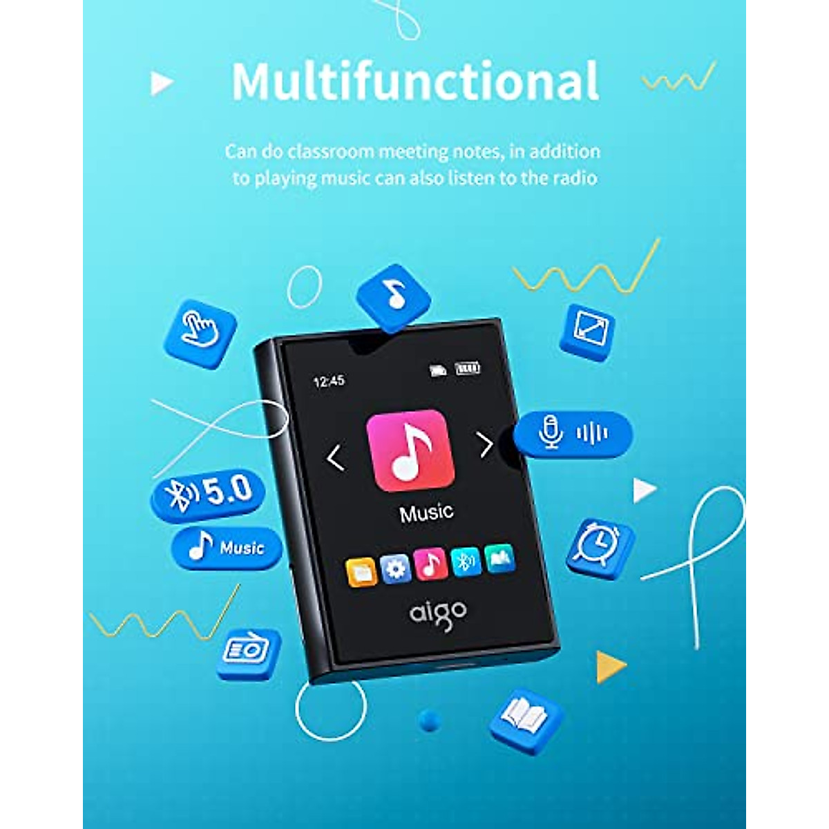 MP3 Player with Bluetooth 5.0, Portable Music Player with Earphones, Built-in 32GB Memory, Voice Recording, FM Radio, Pedometer, Mini Ultra-Light MP3, Great for Sports, Support up to 128GB