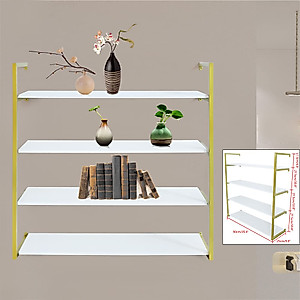 Wall Mounted Floating Shelves 4 Tier Wood Wall Shelves Bookshelf with Golden Metal Brackets-White Wood Shelves Set for Living Room Office Bedroom Kitchen