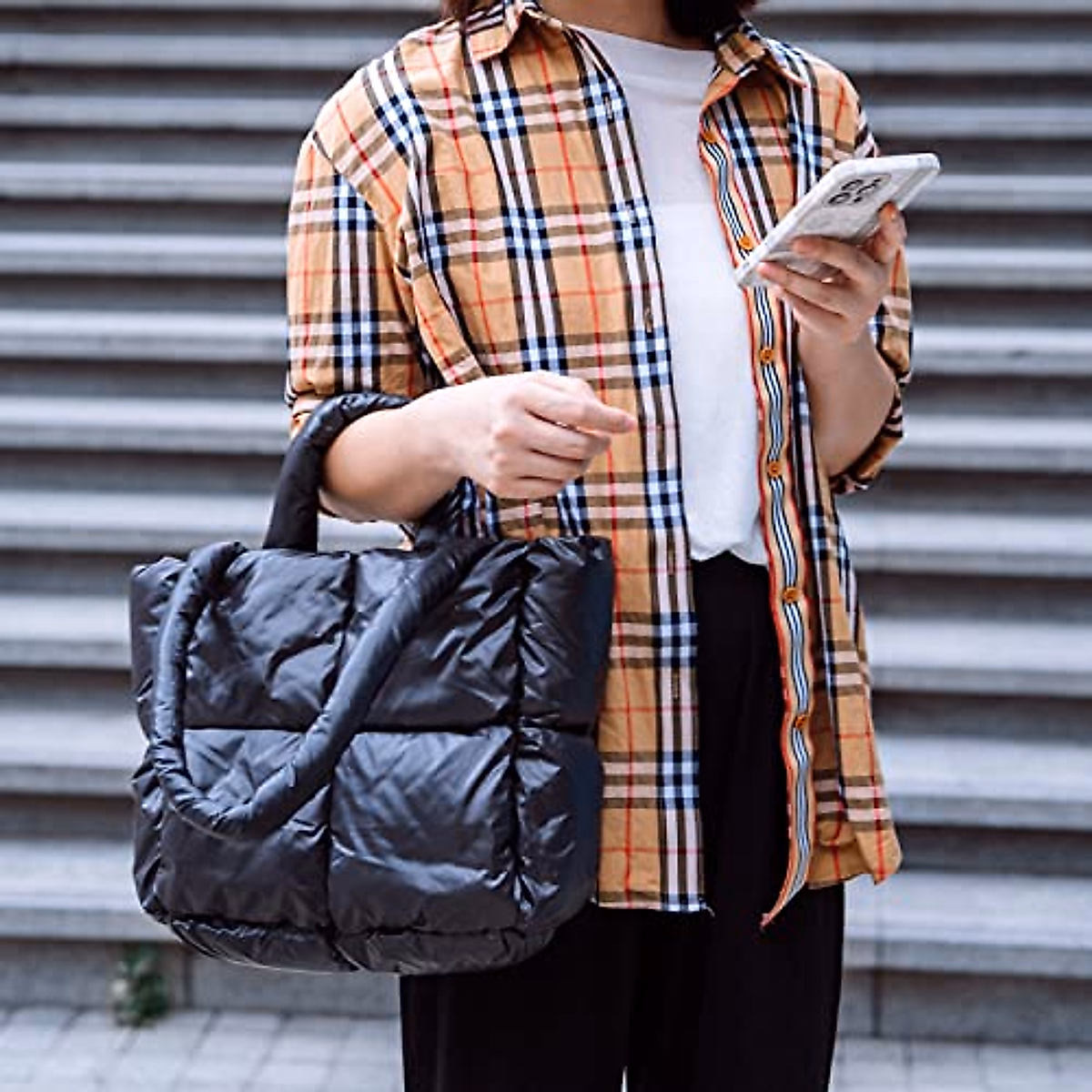 SADDROP Handbags for women,handbags,Large Puffer Tote Bag, Luxury Chic Quilted Cotton Padded Designer Handbags for Women, Winter Soft Puffer Shoulder Bag，Hobo bags for women，Trendy tote bag(Black)