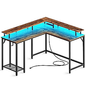 SUPERJARE L Shaped Computer Desk with Power Outlets & LED Lights, Gaming Desk with Monitor Stand & Storage Shelf, Home Office Desk Corner Desk with Hooks, Rustic Brown