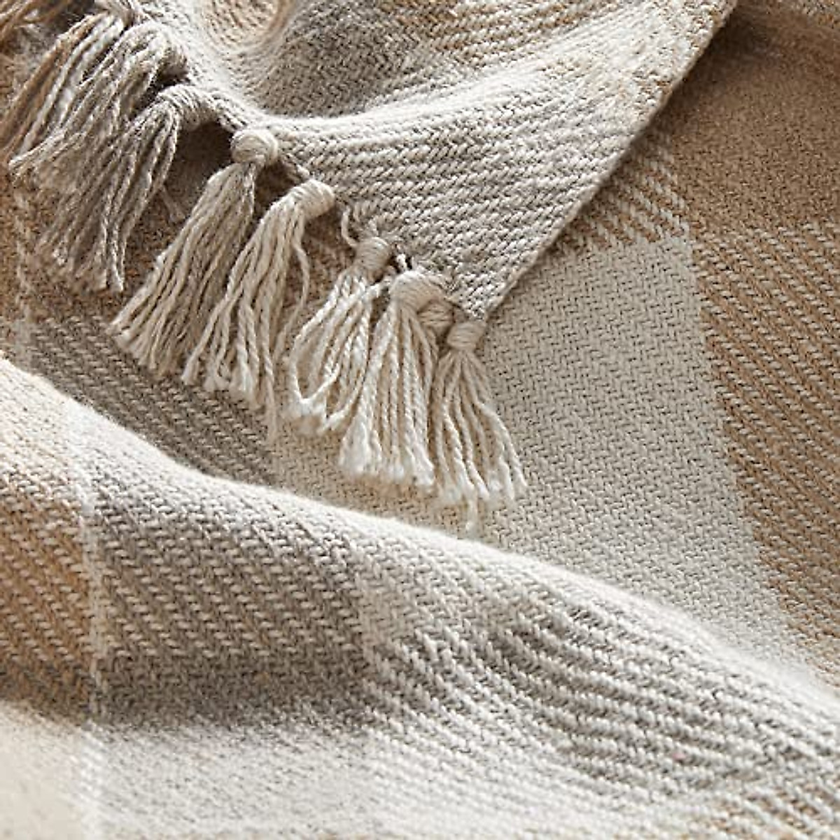 Americanflat 100% Cotton Throw Blanket for Couch - 50x60 - All Seasons Neutral Lightweight Cozy Soft Blankets & Throws for Bed, Sofa or Chair. Indoor or Outdoor [Camel Beige Plaid]