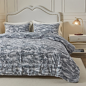 Jameswish Faux Fur Duvet Cover Set Ultra Soft Marbled Ivory Comforter Cover Set Luxury Fluffy Plush Fuzzy 3 Pieces Bedding Set(1Comforter+2 Pillowcases) (Queen Size,Ivory White)