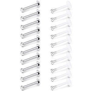 SCERRING 20PCS 16G 8mm Acrylic & Stainless Steel Labret Monroe Lip Ring Tragus Nail Helix Earring Stud Piercing Jewelry with 2mm 4-Prong-Setting Clear CZ