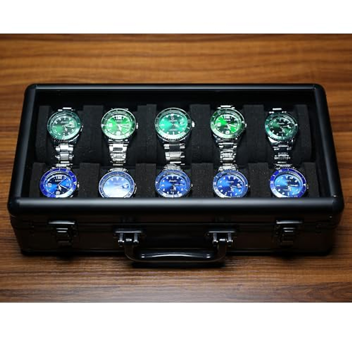 RIGICASE 10 slots Aluminum watch case for men, Luxury watch display storage organizer box with clear window, matt black metal watch cabinet fit watches up to 55mm face