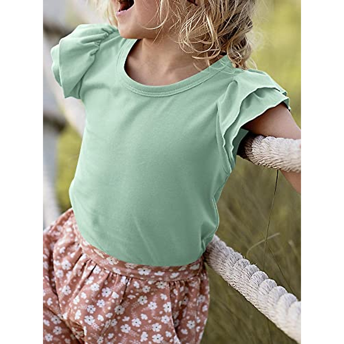 Imily Bela Girls Shirts Cute Summer Tops Trendy Ruffle Sleeve Blouses Crew Neck Tees for 5-14 Years Kids Child Light Green