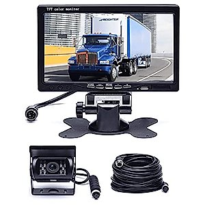 Hikity Backup Camera with Monitor Kit, Waterproof 18 IR LED Night Vision Reverse Camera + 7" Rear View Monitor Vehicle Parking System for RV Bus Trailer Truck (65ft 4-Pin Aviation Video Cable)