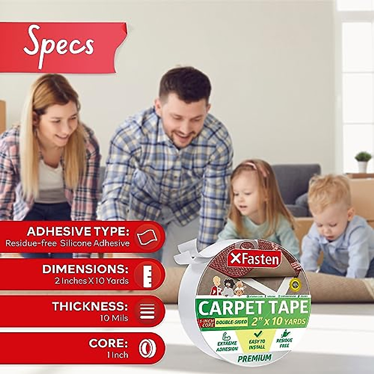 XFasten Double Sided Carpet Tape for Area Rugs 2 Inch x 10 Yards 1” Core Residue-Free Carpet Double Sided Rug Tape for Laminate Floors, Rug Tape Gripper for Carpet, Tape for Hardwood Floors