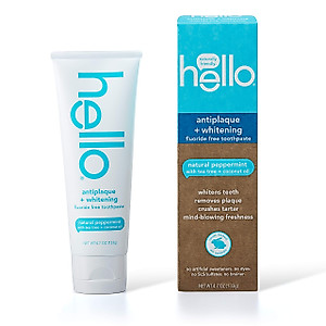 Hello Oral Care Fluoride Free Antiplaque and Whitening Toothpaste Vegan SLS Free with Tea Tree Oil Coconut Oil, Natural Peppermint, 4.7 Ounce