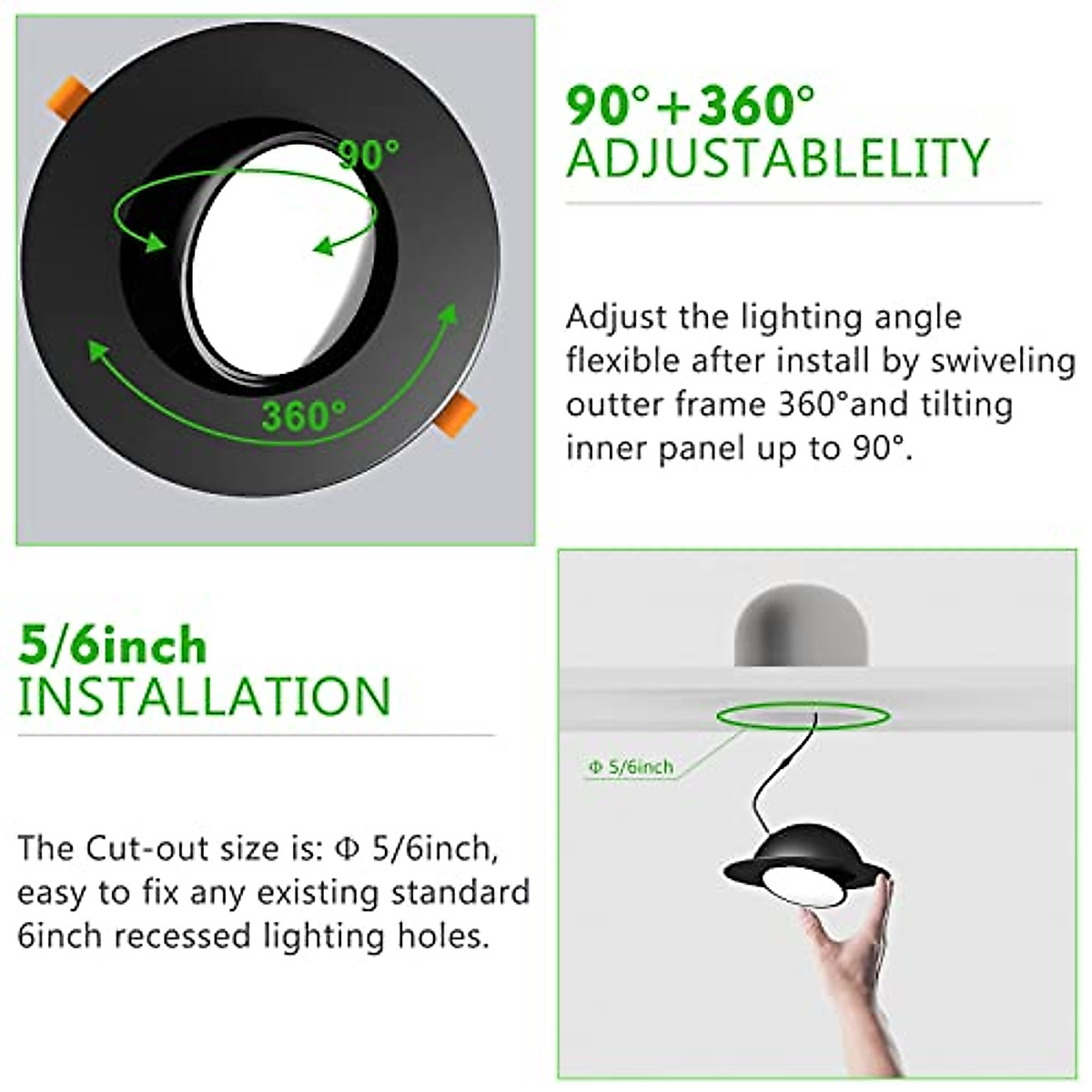 bulbeats 12Pack 𝗠𝗲𝘁𝗮𝗹 6 Inch Gimbal LED Recessed Lighting, Recessed Lighting 6 inch 12W 1200LM Super Bright Angled Recessed Lighting 3000K/4000K/5000K Directional Downight