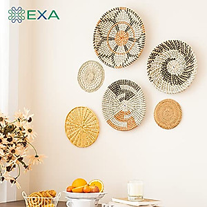 EXA Set of 6 Woven Wall Basket Orange Blossom Decor - Boho Farmhouse Rustic Room Style - for Thanksgiving Christmas Hanging Wall Art, Gift Idea, Table Settings - Handmade, Round, Natural Seagrass