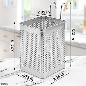 Stainless Steel Utensil Holder for Kitchen Counter - Perforated Kitchen Utensil Holder for Countertop Chopstick Spoon Spatula Holder Dryer Rack with Hooks - Utensil Caddy for Cooking Utensils Holder