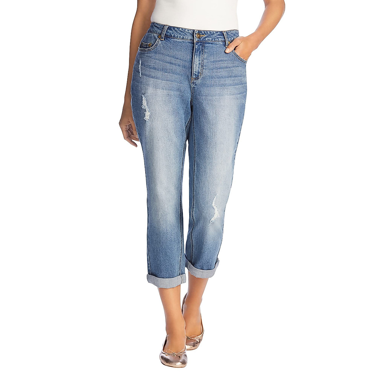 Woman Within Women's Plus Size Girlfriend Stretch Denim Jean - 14 W, Distressed