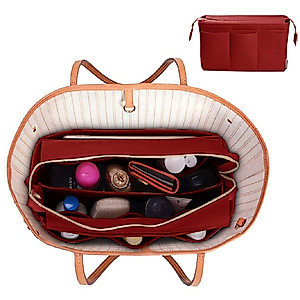 Purse Organizer Insert,Felt Bag Organizer with NEW Detachable Zipper cover, fits, St Lious, Tote and handbag shaper (Medium, Red)