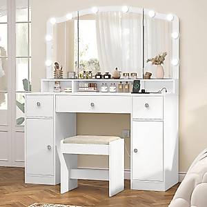 Vanity Desk with Triple Folding Mirror, Makeup Vanity with Power Outlet, Vanity Desk with 10 Lights, 3 Drawers & 2 Cabinets, Makeup Vanity Table with Soft Cushioned Stool for Women, Bedroom, White