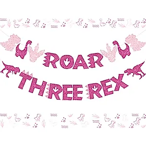 Three Rex Banner Rose Red and Dinosaur ROAR Garland Glitter for Girls 3rd Birthday Dinosaur Party Supplies, Pink Dinosaur Party Decorations