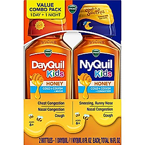 Vicks Kids NyQuil/DayQuil Honey Cold & Cough + Congestion Relief Combo Pack for Nighttime & Daytime Cough & Congestion, Flavored with Real Honey, for Children Ages 6+, 8 FL OZ NyQuil, 8 FL OZ DayQuil