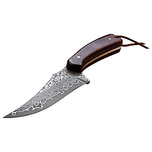 Elk Ridge - Outdoors Fixed Blade Knife - Genuine Damascus Stainless Steel Blade, Rose Wood Handle, Full Tang Construction, Includes Leather Sheath, Hunting, Camping, Survival - ER-299RDM, Brown