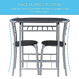 VECELO 3 Piece Wood Round Table & Chair Set for Dining Room Kitchen Bar Breakfast, with Wine Storage Rack, Space Saving, 31.5, Black