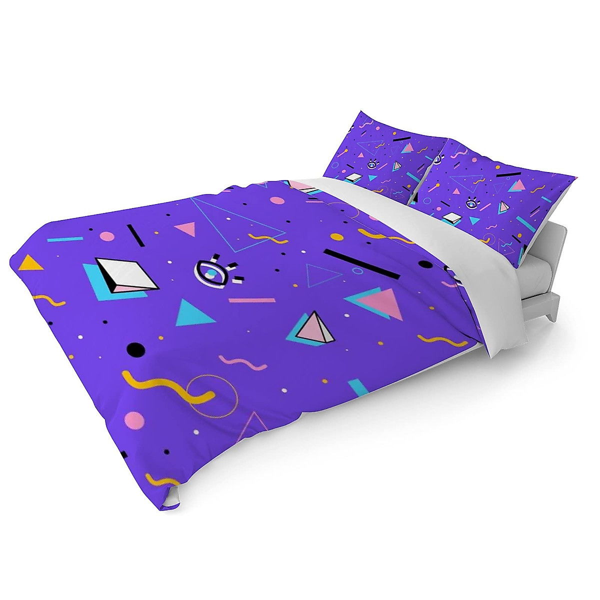 Duvet Cover Sets California King -Retro 80s Triangles-Bedding Comforter Set Breathable SetsSoft Microfiber 3 Pcs