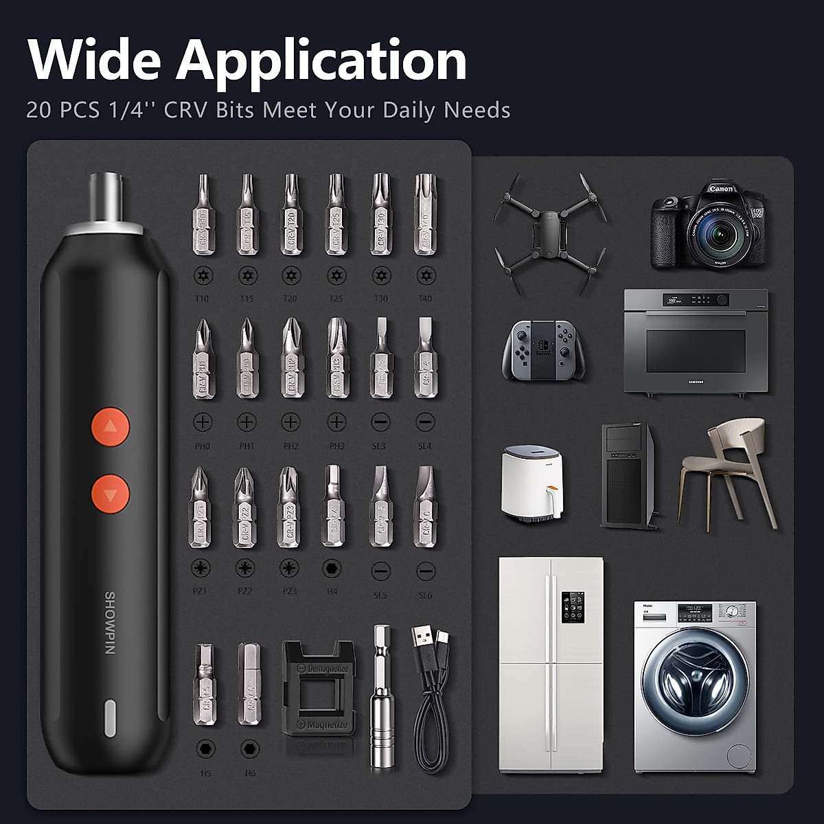 Electric Screwdriver Cordless, Power Screwdriver Set, Includes 5V Cordless Screwdriver Rechargeable with LED Lights, 20pcs Household Bits, USB-C Charging Cable, Magnetizer, Extension Rod, Manual