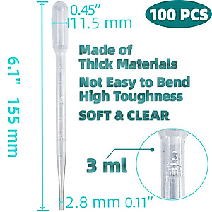 Zkupanx 100 PCS 3ML Pipette Dropper - Disposable Plastic Dropper Pipette for Accurate Liquid Transfer, Excellent Suction, Pipettes for Essential Oils, Resin, Crafts, Labs, Kids Activities, DIY Art