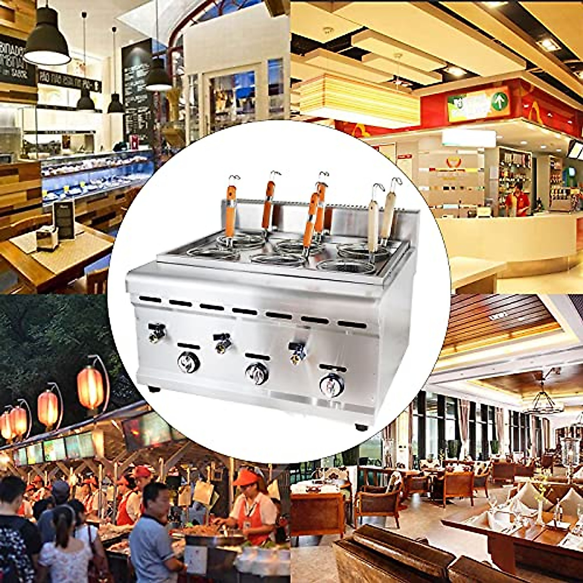 6 Hole Gas Countertop Pasta Cooker Machine with Filter, Cooktop Table Top Noodles Cooking Machine Pasta Makers Pasta Cooking Tool Stainless Steel Dumpling Soup Pot Noodles Maker with 6 Basket