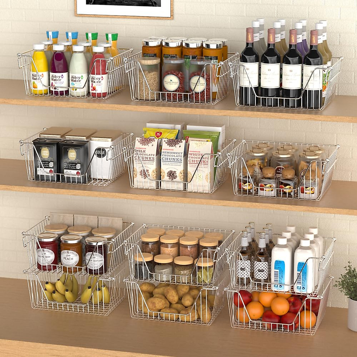 Slideep Large Stackable Storage Baskets Cabinet Organizer Sturdy Metal Wire Pantry Freezer Bin for Pantry Home Bathroom Kitchen Organization 3 Packs