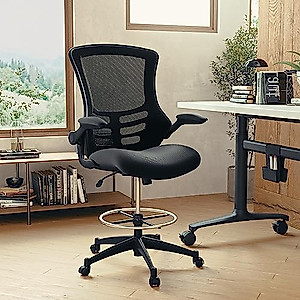 Flash Furniture Kelista Mid-Back Black Mesh Ergonomic Drafting Chair | Adjustable Foot Ring, Flip-Up Arms | Comfort and Productivity