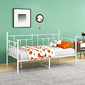 HAHRIR Metal Daybed Frame and Trundle Set Premium Steel Slat Support Daybed and Roll Sofa Bed (Shiny White, Twin)