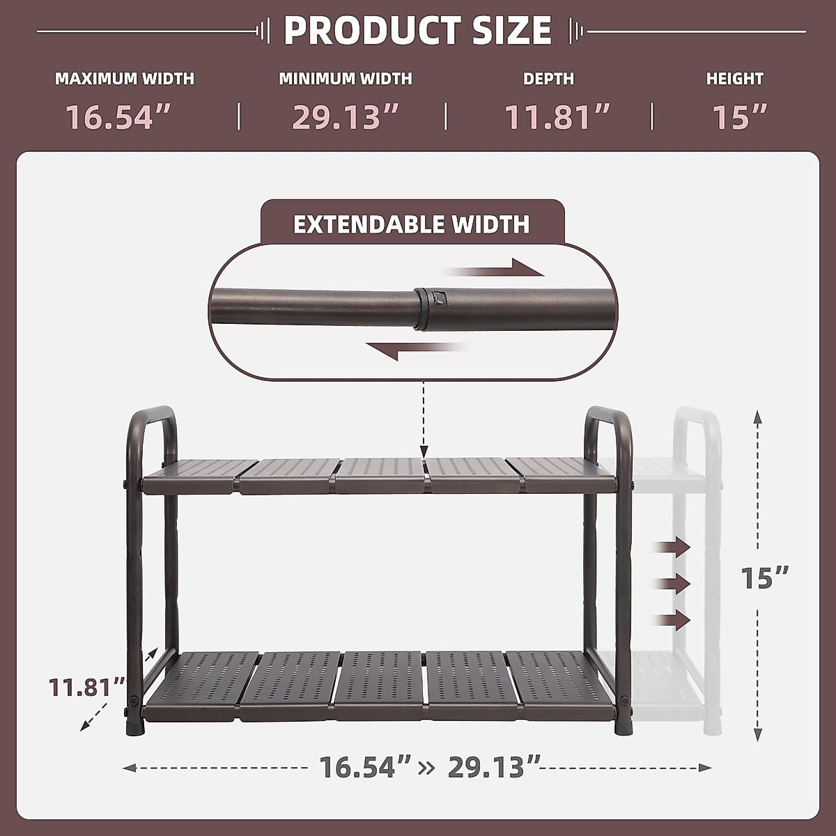 STORAGE MANIAC Under Sink 2 Tier Expandable (Width & Height) Shelf Organizer, Under Sink Organizer and Storage with 10 Removable Steel Panels for Kitchen, Bathroom - from 18.5 to 30 Inches, Bronze