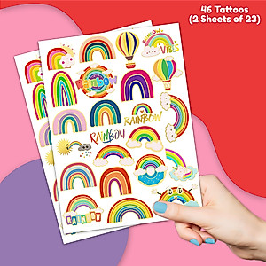 Rainbow Temporary Glitter Tattoos Theme Birthday Party Decorations Supplies Favors Tattoo Sticker For Kids Girls Boys Gifts Classroom School Prizes Rewards 2 Sheets (46PCS)