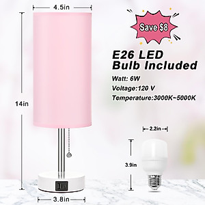 Hong-in Pink Bedside Lamp - 3 Color Modes, Small Lamp with USB-C and USB-A Charging Ports, Pull Chain, Nightstand Light for Bedroom, Office, Kids Room (Bulb Included)