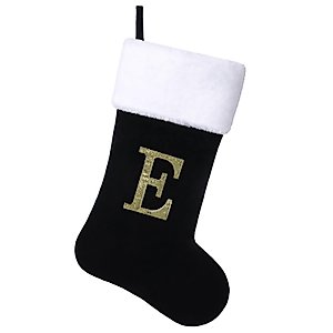 Yehnois 20 Inches Initial Monogram Christmas Stocking Personalized,Deluxe Black Velvet Body with Super Soft Plush Cuff Embroidered Letter,Holiday Season Decor（E）