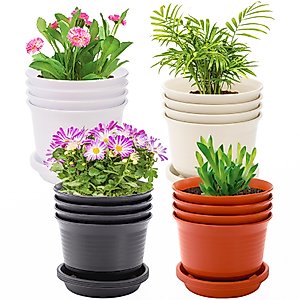 Elsjoy Set of 16 Plastic Planter Pots with Drainage Saucer, 6 Inch Flowers Pot Decorative Plant Pots for Succulents, House Plants, Garden, 4 Colors