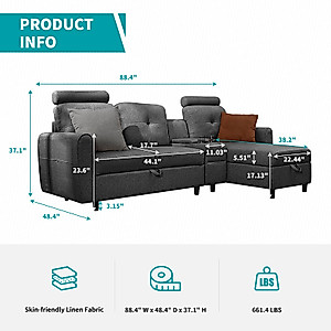 BALUS 88" W Reversible Living Room Sofa, Convertible L-Shaped Combination Sofa with Upholstery, Recliner with Storage, Modern Combination Sofa, belfin Combination Combination Sofa (Dark Grey)