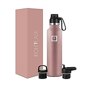 IRON °FLASK Sports Water Bottle - 24 Oz, 3 Lids (Spout Lid), Leak Proof, Vacuum Insulated Stainless Steel, Hot Cold, Double Walled, Thermo Mug, Standard Metal Canteen - Rose Gold