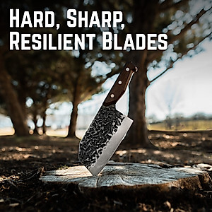 TRUE Primal Forge Knife Kit, Set Includes Two Outdoor Kitchen Prep and Carving Knives, 6.5" Chopper and 7.25" Tanto Conveniently Stored in a Waxed Canvas Roll,Silver