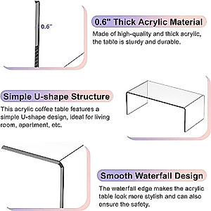 Odoor Direct Modern Waterfall Acrylic Coffee Table, 32" x 16" x 16" Acrylic Side Table with PVC Mat, Rectangle Clear Coffee Table for Living Room, Bedroom, Small Spaces, Clear