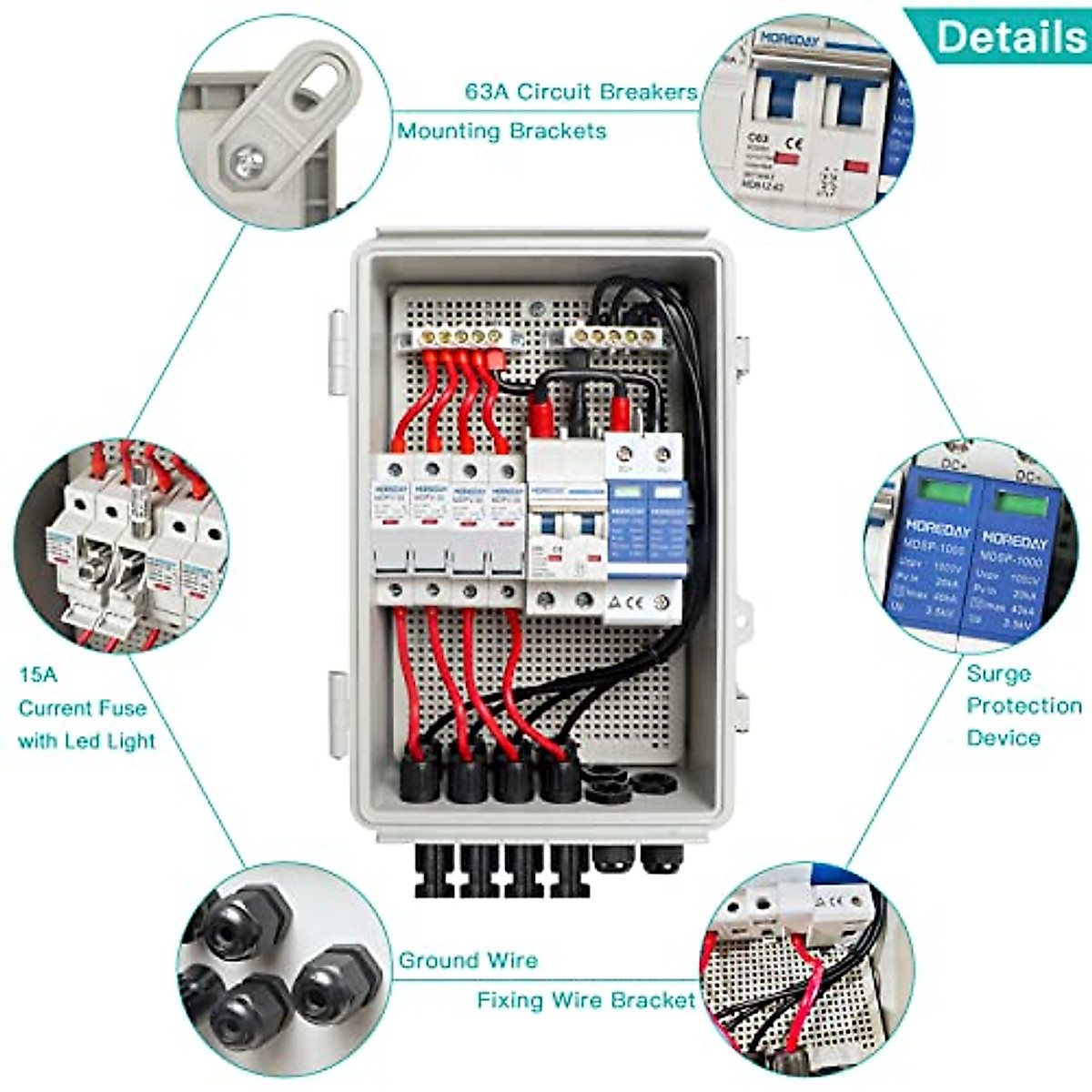 EXCELFU 4 String PV Combiner Box for Solar, with Lightning Arreste & 15A Rated Current Fuse and 63A Circuit Breaker, IP65 Waterproof Solar Combiner Box for On/Off Grid Solar Panel System