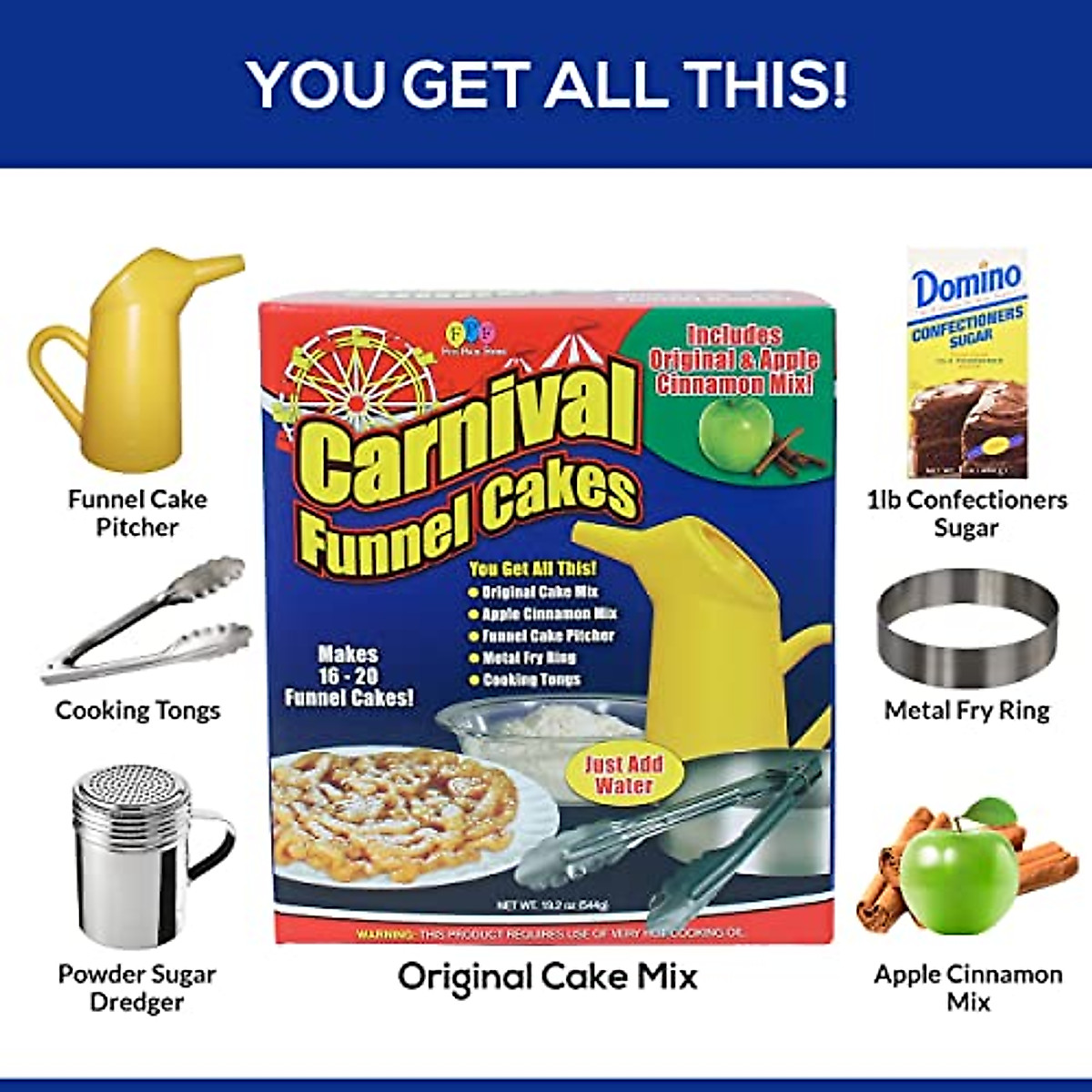 Funnel Cake Kit Deluxe Bundle- Includes Funnel Cake Mix, Ring, Dredge, and 1lb Confections Sugar - Funnel Cake Maker Machine - Carnival Food Makers