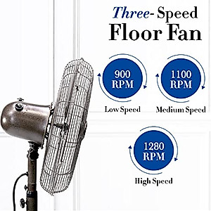Designer Aire Oscillating Indoor/Outdoor Standing Floor Fan for Cooling Your Area Fast - 3-Speeds, Adjustable 40-51 Inches in Height, Fits Your Home Decor