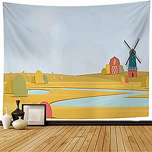 Staromin Tapestry Grain Wind Rural Design Summer with Farm Land Landscape Harvest Village Old Windmill Parks Outdoor Vintage Tapestry Wall Hanging for Bedroom Home Dorm 60x50 Inch