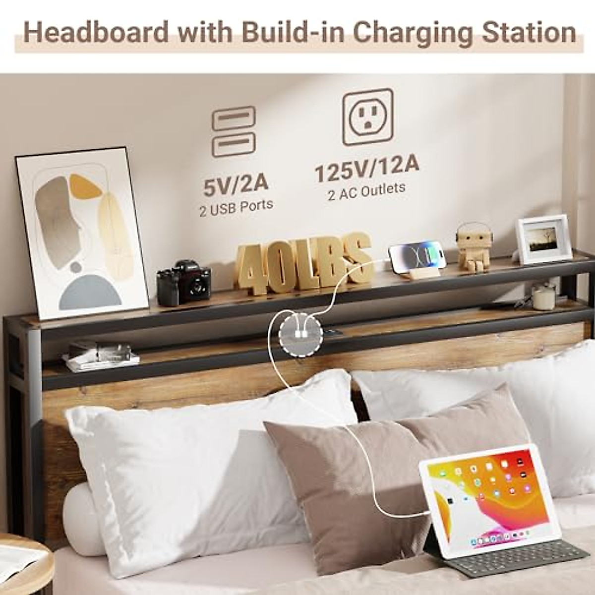 Zevemomo Full Bed Frame with 2-Tier Storage Headboard and Power Outlets, USB Ports Charging Station, Heavy Duty Metal Platform Bed Frame 800 LBS Weight Capacity, Noise-Free & No Box Spring Needed