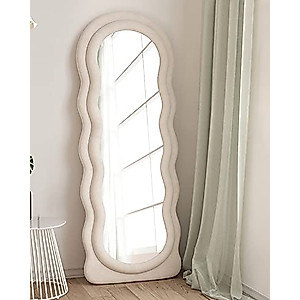 ITSRG Wavy Wall Mounted Mirror with Flannel Wrapped Wooden Frame and Stand - Full Length (White)