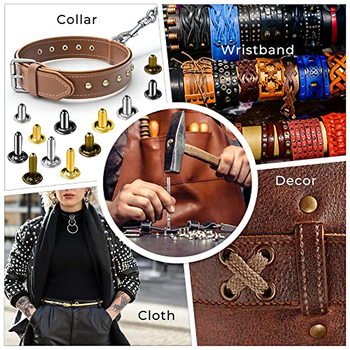 420 Sets Leather Rivets Kit, Double Cap Brass Rivets Leather Studs with 3PCS Setting Tools for Leather Repair and Crafts, 4 Colors and 3 Sizes